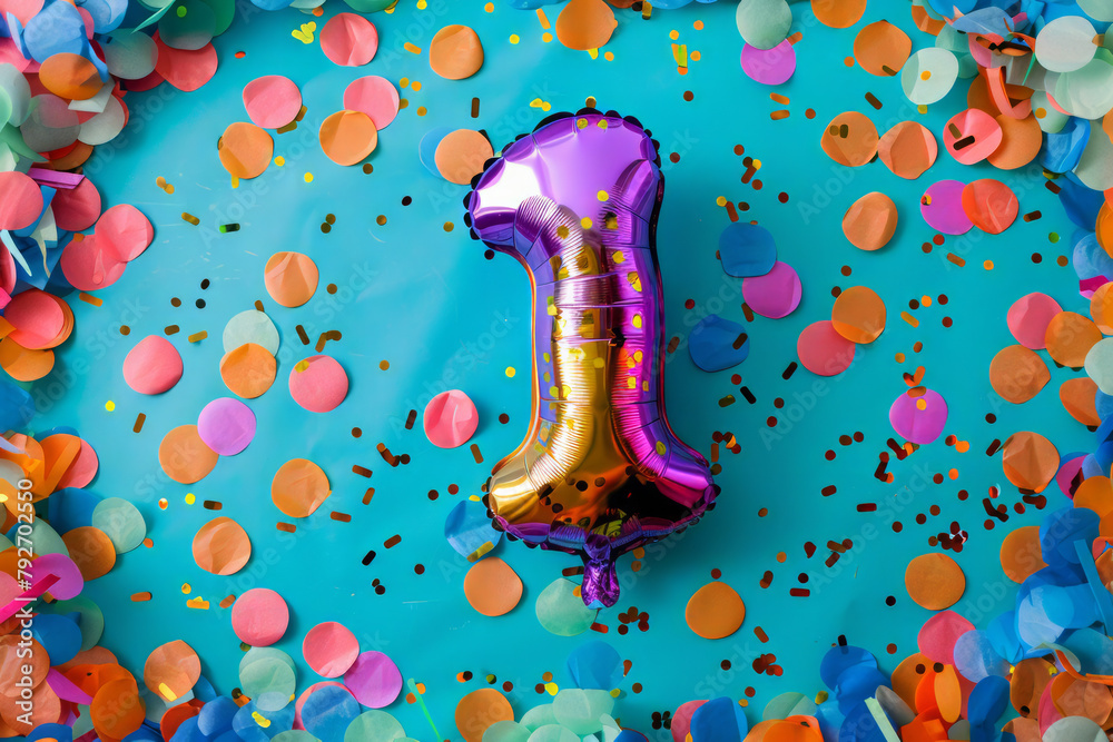 Number 1 happy birthday background. Foil party balloon with confetti ...
