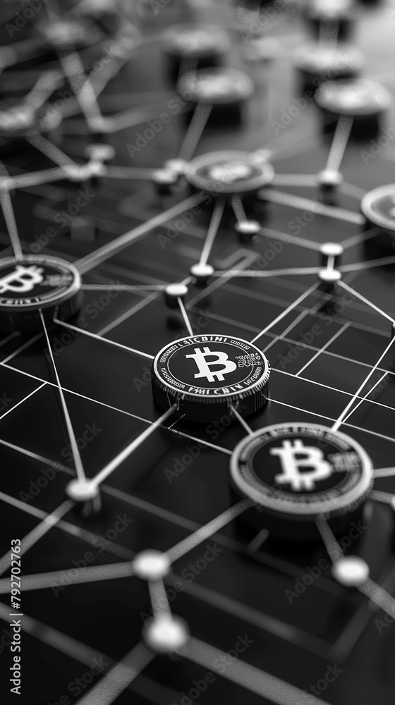 Visualization of a blockchain network model, with interconnected nodes ...