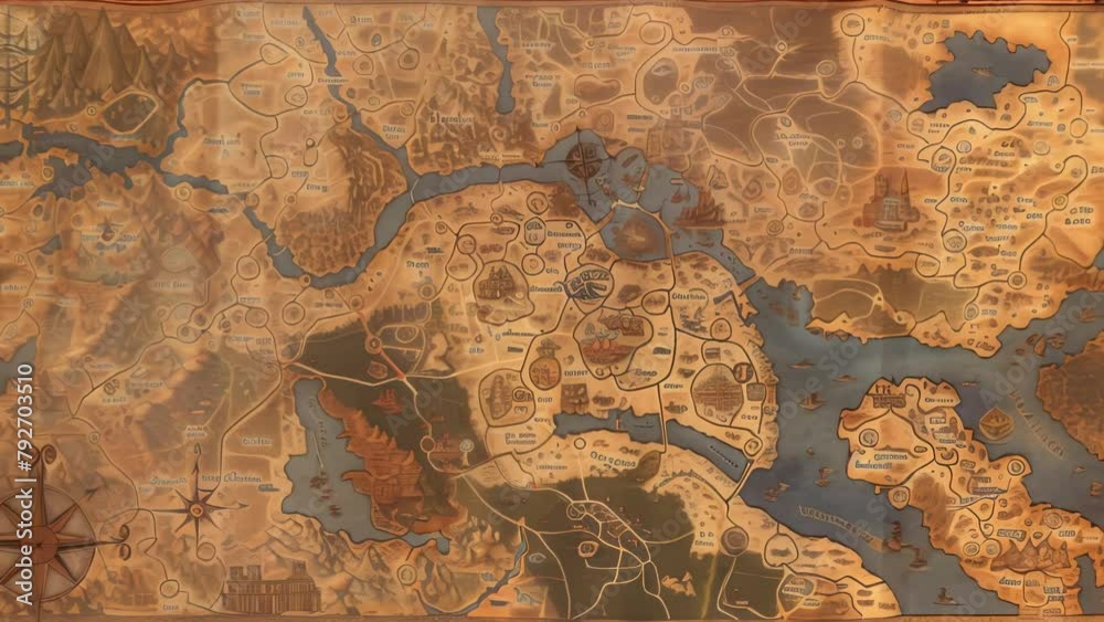 Intricately detailed fantasy map in a vintage style, featuring complex ...