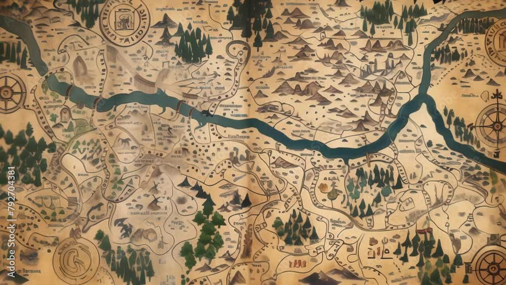 Intricately detailed fantasy map in a vintage style, featuring complex ...