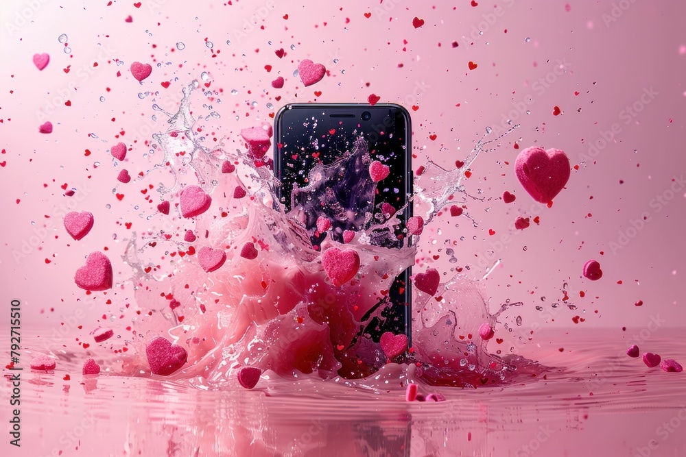 Pink hearts splashing on iPhone with water splash on pink background ...