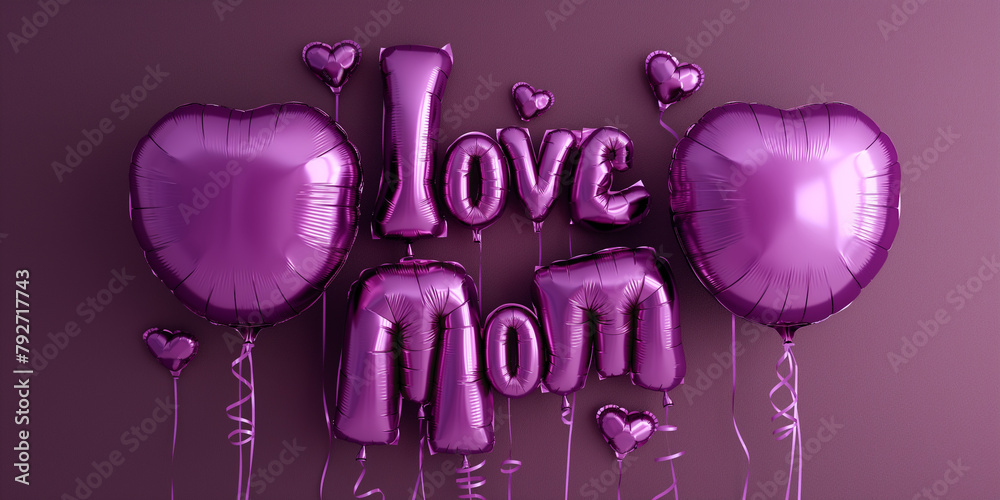 Purple Mother's Day background with love mom text made of balloon ...