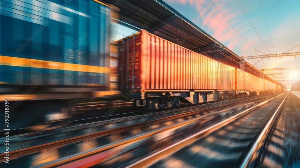 Train moves by rail, delivery of goods by freight train. Train ...