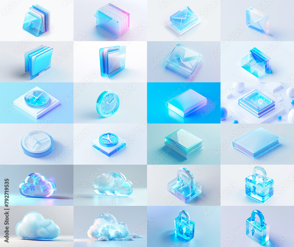 A set of 23 office icons featuring a transparent, frosted glass design ...