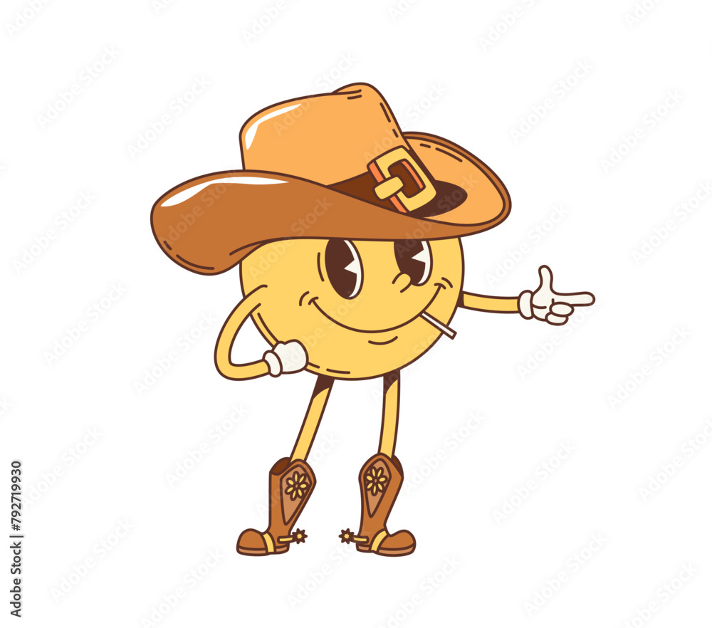 Cartoon Western cowboy smile groovy character. Retro funny emoticon ...