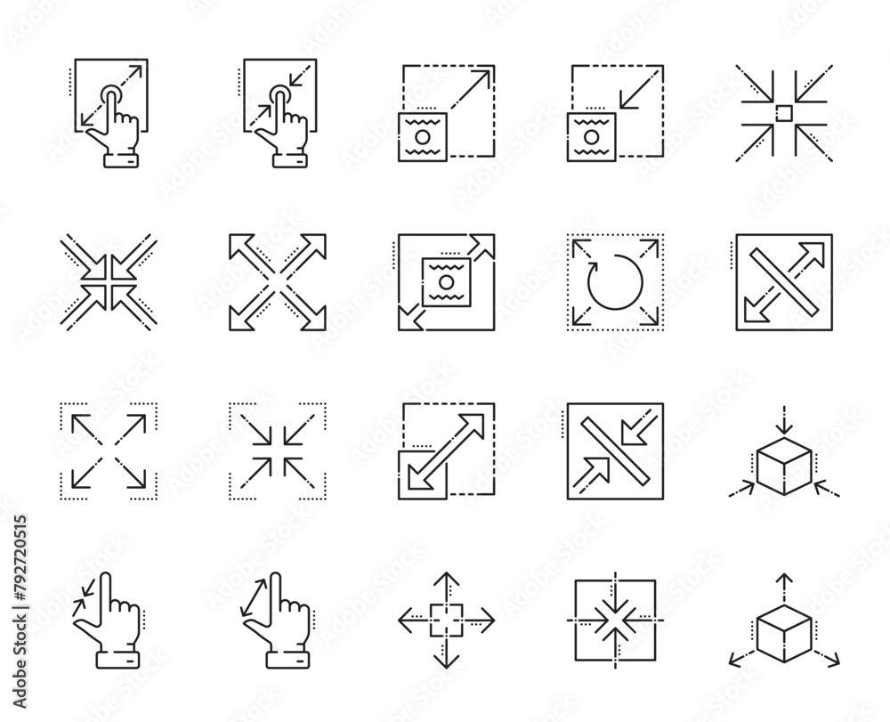 Resize and scale icons. Reduce, zoom and change, expand symbols, vector ...