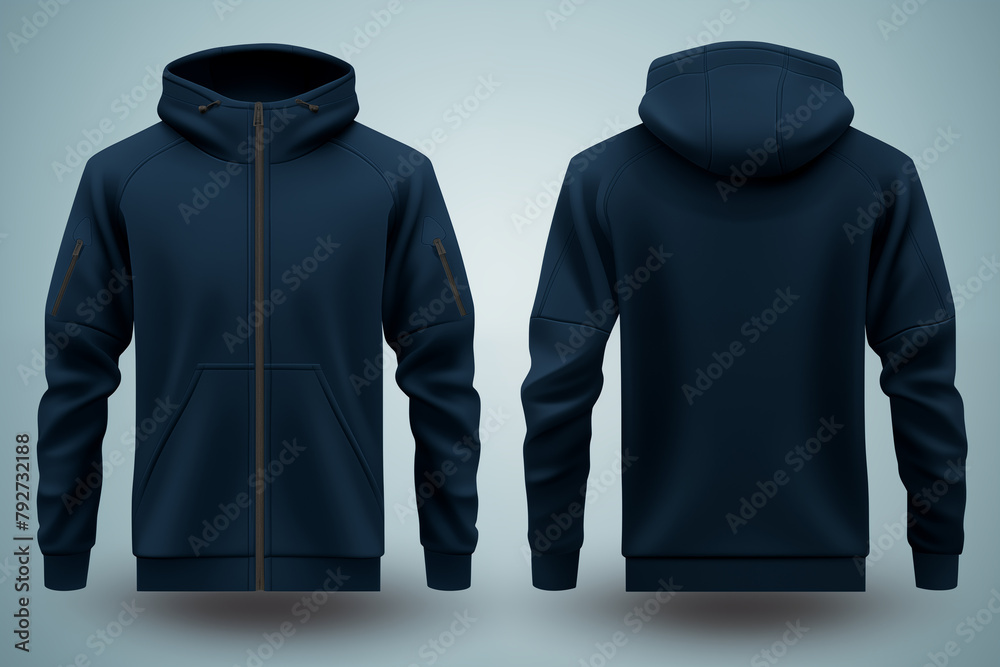 Plain zipper jacket mockup Set of blue front and back view long sleaves ...