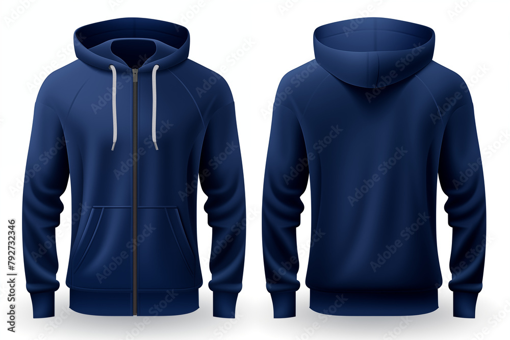 Plain zipper jacket mockup Set of blue front and back view long sleaves ...
