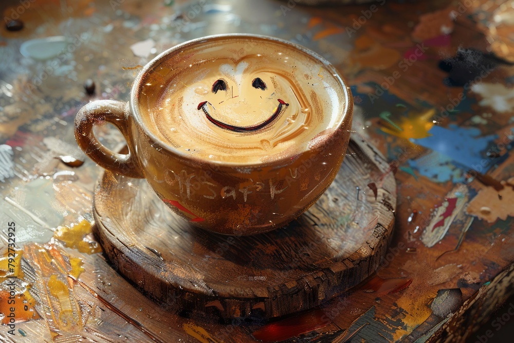 Coffee Smile A painting of a cup of coffee with a smiley face emoticon ...