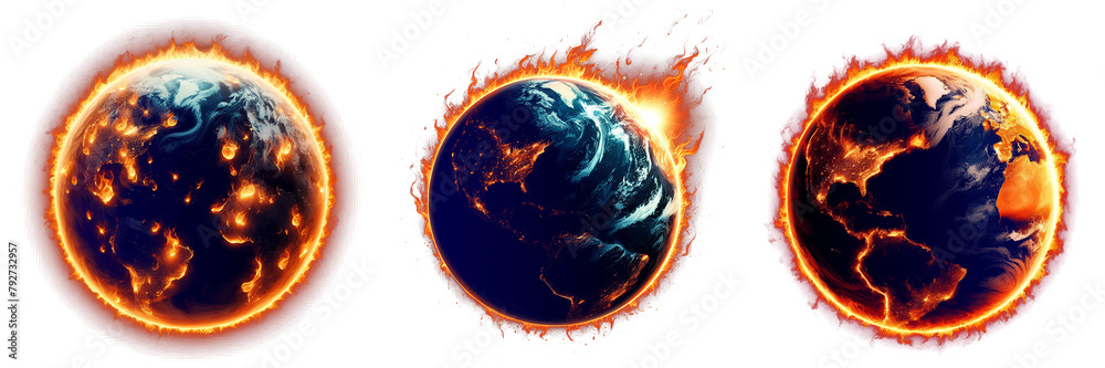 Global warming, Earth globe burning into flames, high temperatures ...
