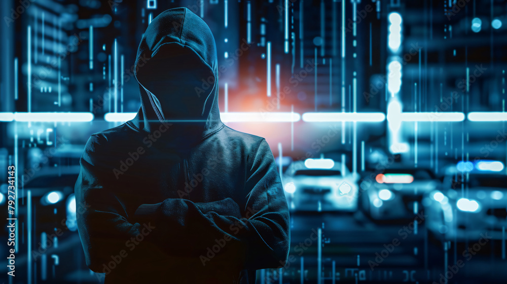 The Crime Concept, back view of a criminal hacker wear grey hoodie with ...