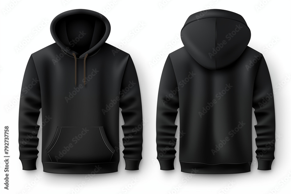 Plain black hoodie mockup Set of Black front and back view long sleaves ...