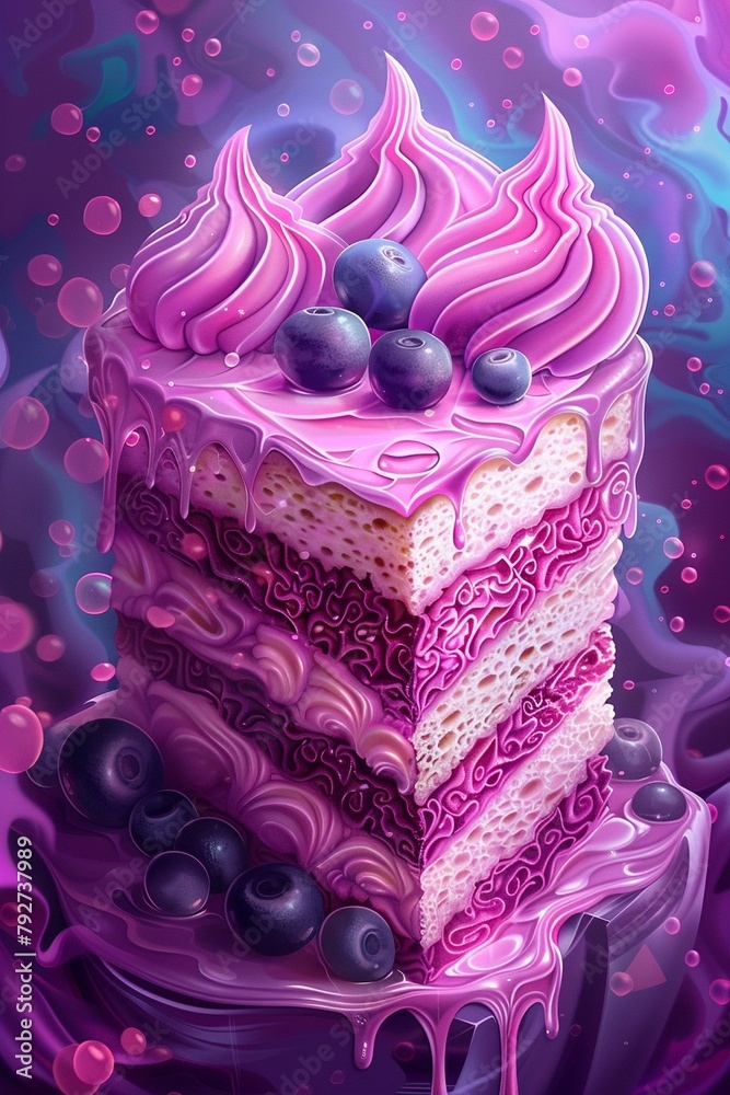 Sweet Delicacy A 2D cartoonstyle image of a pink cake with violet ...