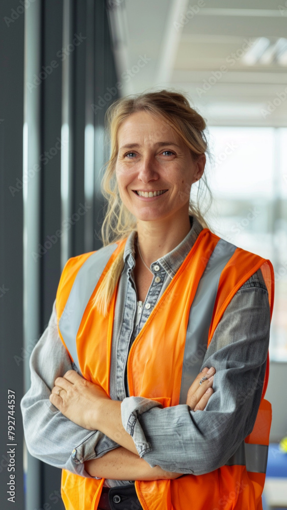 portrait of a smiling female engineer in a hi-vis vest in their 40s ...