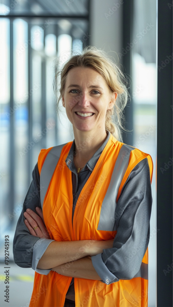 portrait of a smiling female engineer in a hi-vis vest in their 40s ...