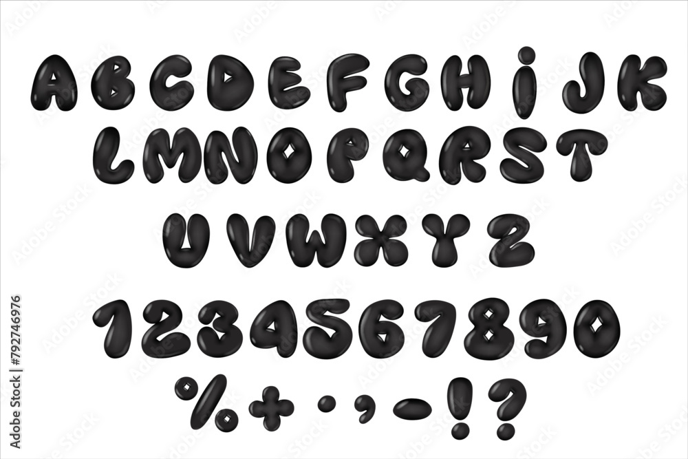 Glossy 3D black bubble font in Y2K style. Complete alphabet and numbers ...