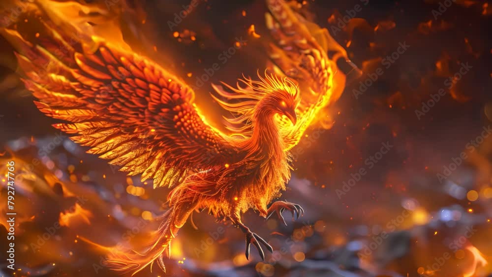 A fiery bird with its wings spread out, surrounded by a cloud of smoke ...