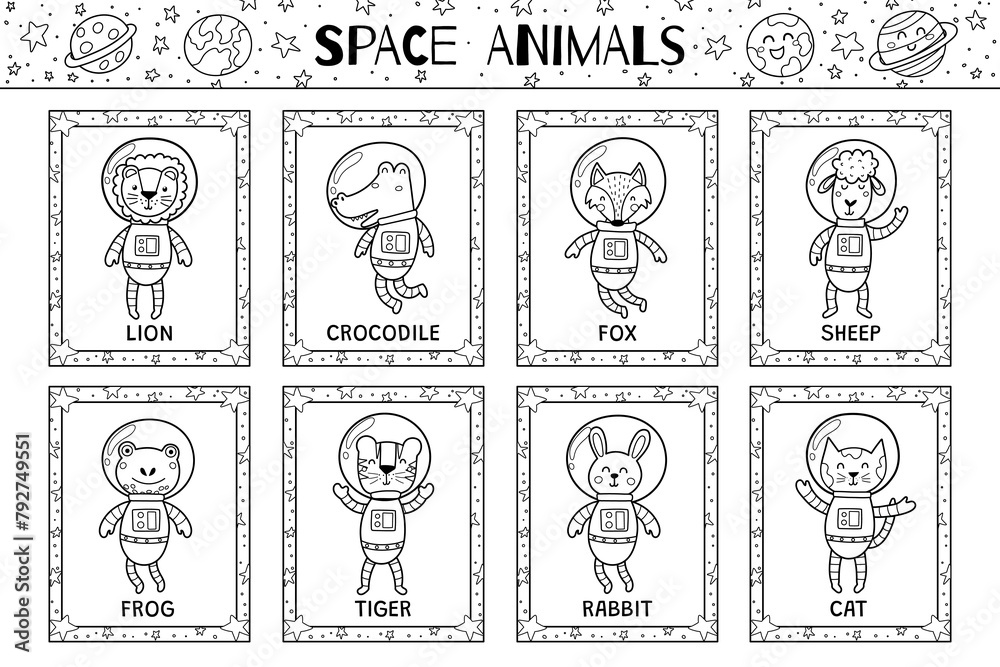 Space animals flashcards black and white collection with cute astronaut ...