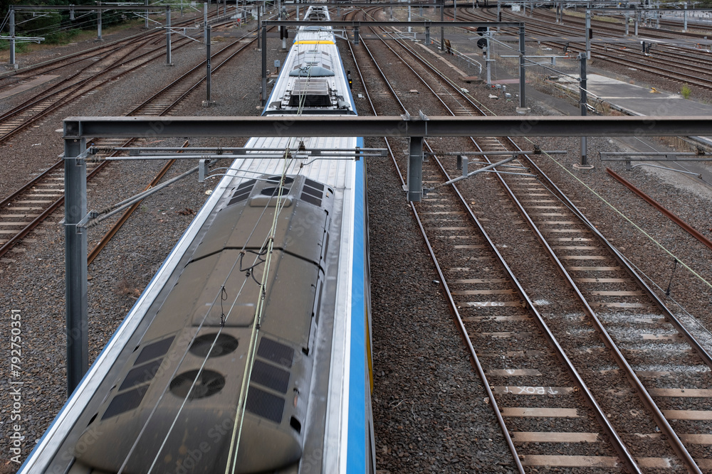 Yellow-blue Metro train, top view. Public transport and traffic in ...