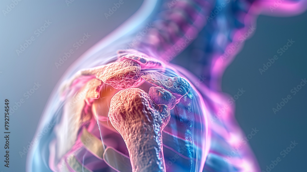 Human body backbone with glowing shoulder joint, symbolize the pain ...