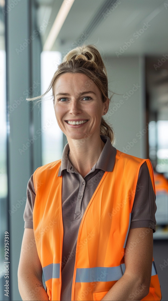 portrait of a smiling female engineer in a hi-vis vest in their 30s ...