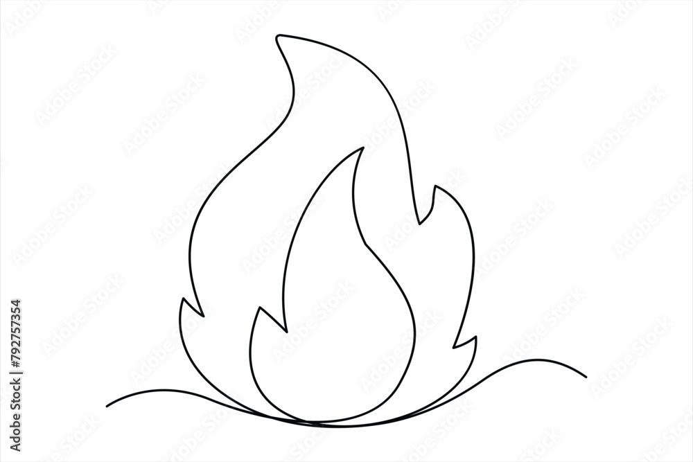 Continuous one line drawing of fire in the middle of a white background ...