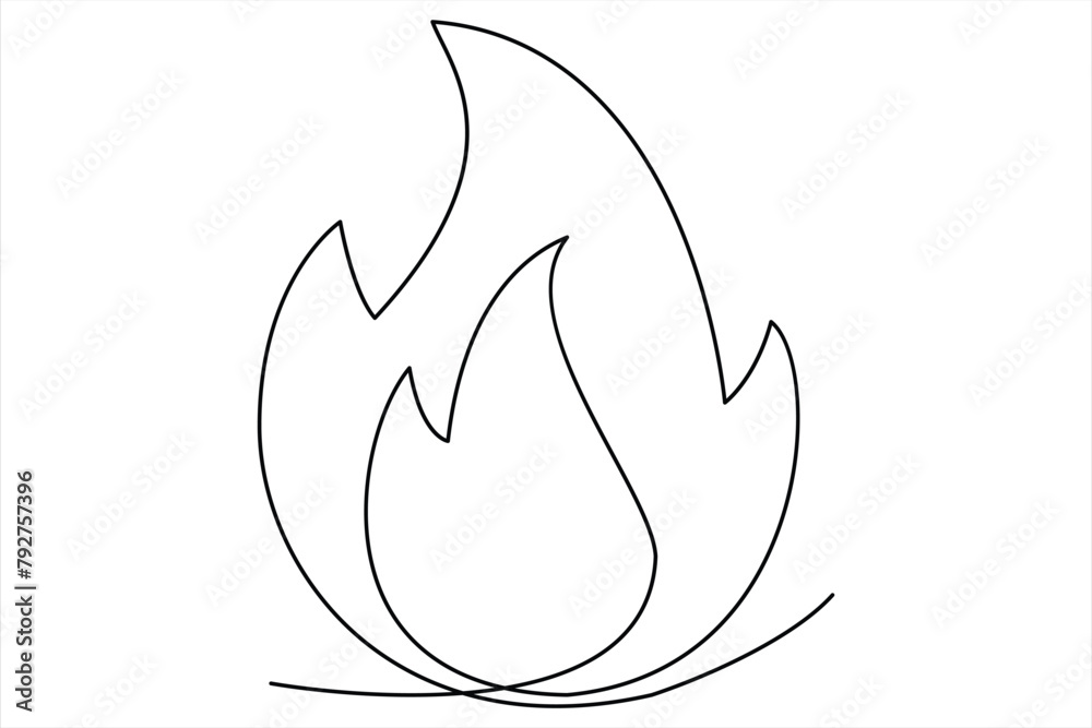 Continuous one line drawing of fire in the middle of a white background ...