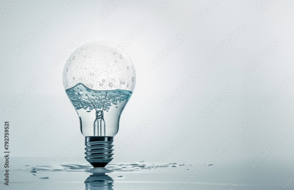Photorealistic light bulb with water inside standing vertically on the ...