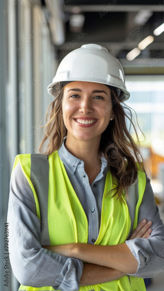portrait of a smiling female engineer in a hard hat and hi-vis vest in ...