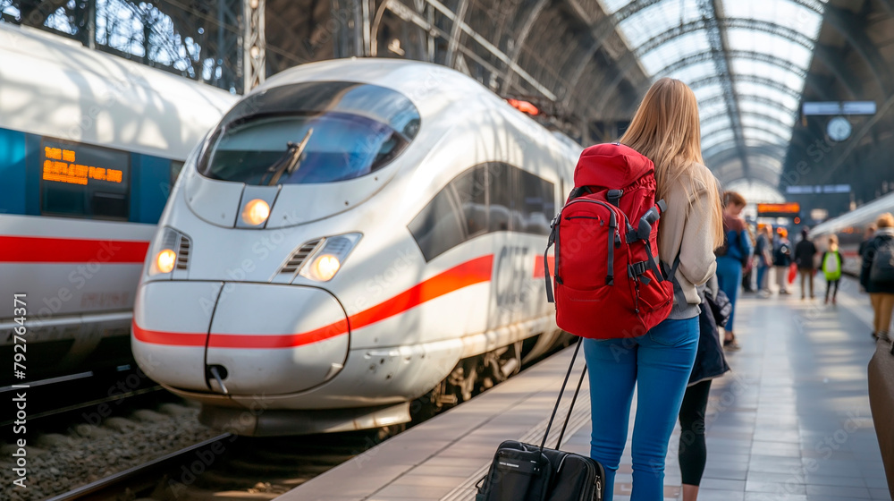 passengers and High-speed train stands at the station at night. Modern ...