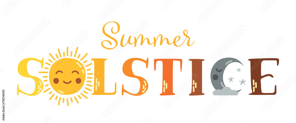 Summer Solstice lettering vector typography. Sun and moon face with ...
