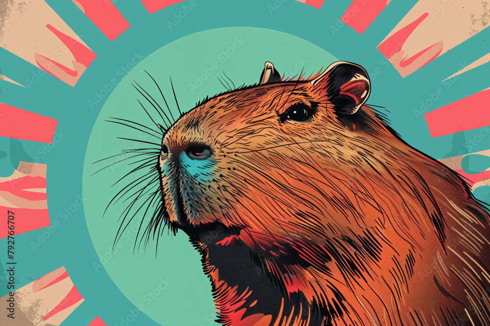 Capybara in pop art style with aqua highlights and pink sunrays ...