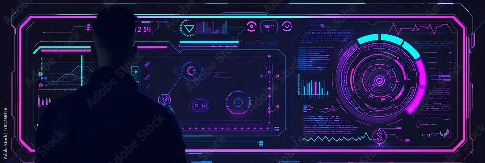Entrepreneur examining a detailed business roadmap on a digital display ...