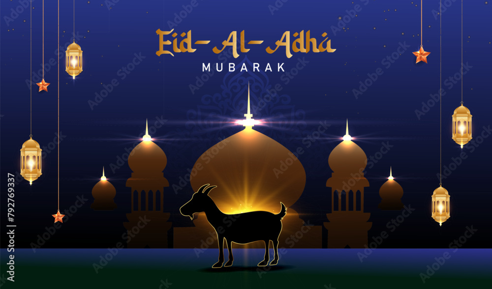 Traditional bakrid festival golden shiny card dersign with mosque ...