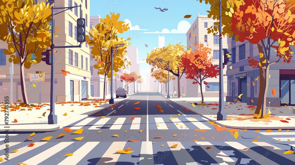 Cartoon autumn city street landscape with sidewalk and traffic light ...