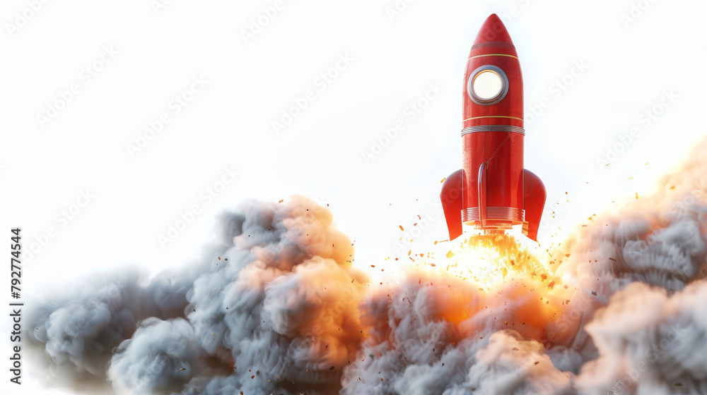 Vintage Rocket Launch with Intense Smoke Trail, A vintage-style rocket ...