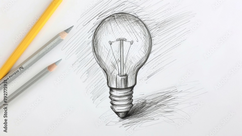 Hand-Sketched Lit Light Bulb on Plain White Background - Idea ...