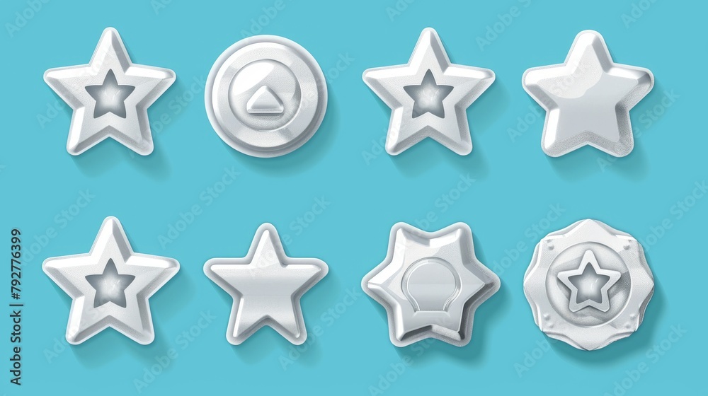 Set of silver game rank stars isolated on a blue background. Modern ...