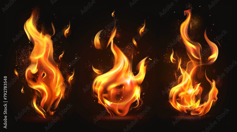 3D modern illustration, icon, clipart of realistic fire set for ...