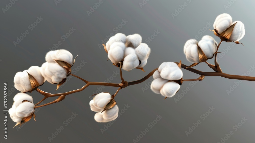 A realistic cotton branch with flowers, beautiful stems with white ...