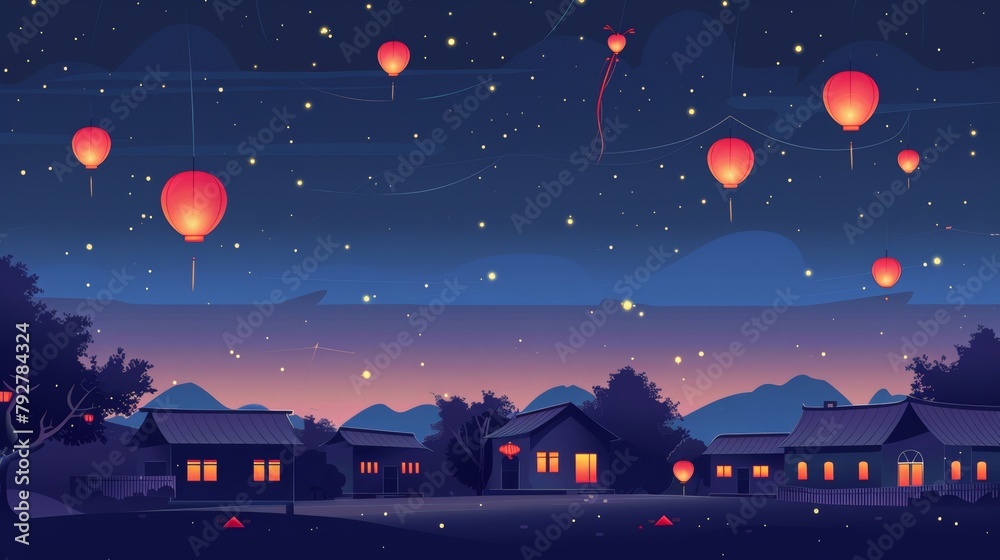 Cartoon landscape of Chinse village with traditional houses, glow ...