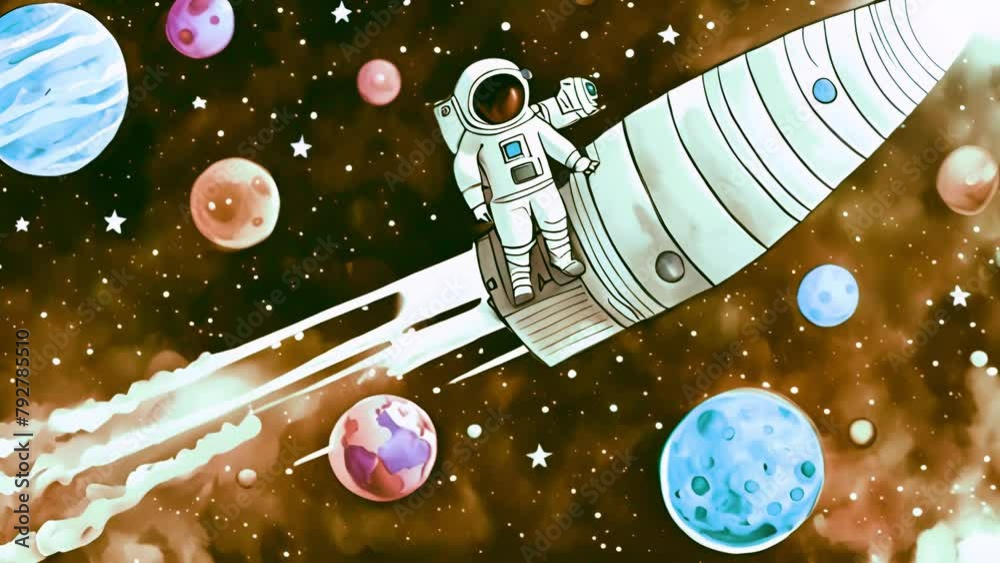 Kids drawing universe space rocket Stars and planets. pulsing in space ...
