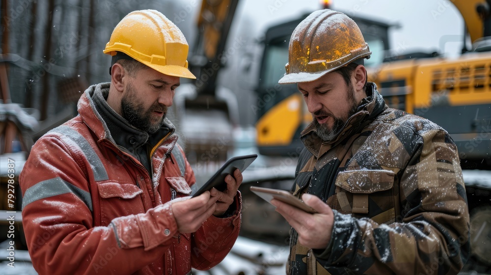 Two construction workers wearing hard hats and holding tablets are discussing something while ...