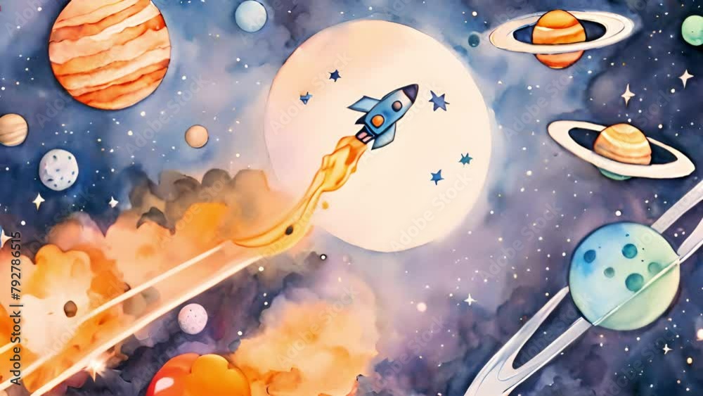 Kids drawing universe space rocket Stars and planets. pulsing in space ...