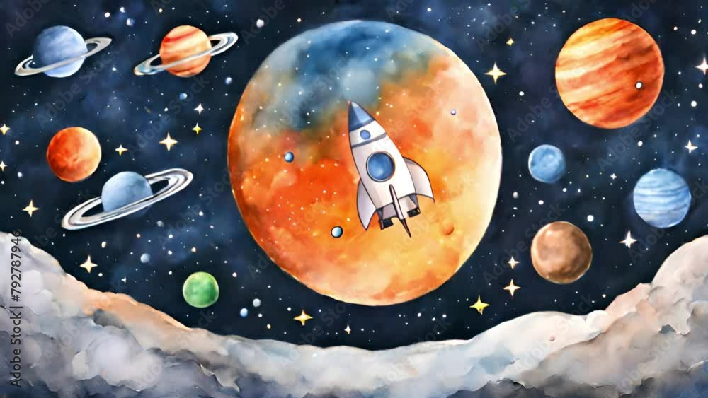 Kids drawing universe space rocket Stars and planets. pulsing in space ...