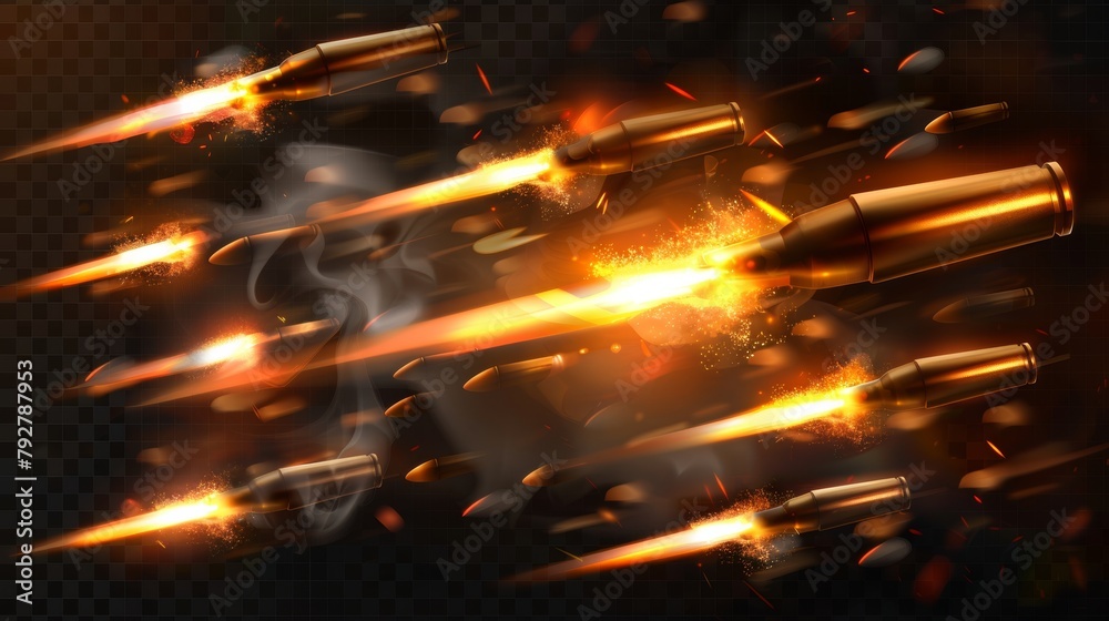 Set of realistic flying bullets with smoke trail fired from weapons ...