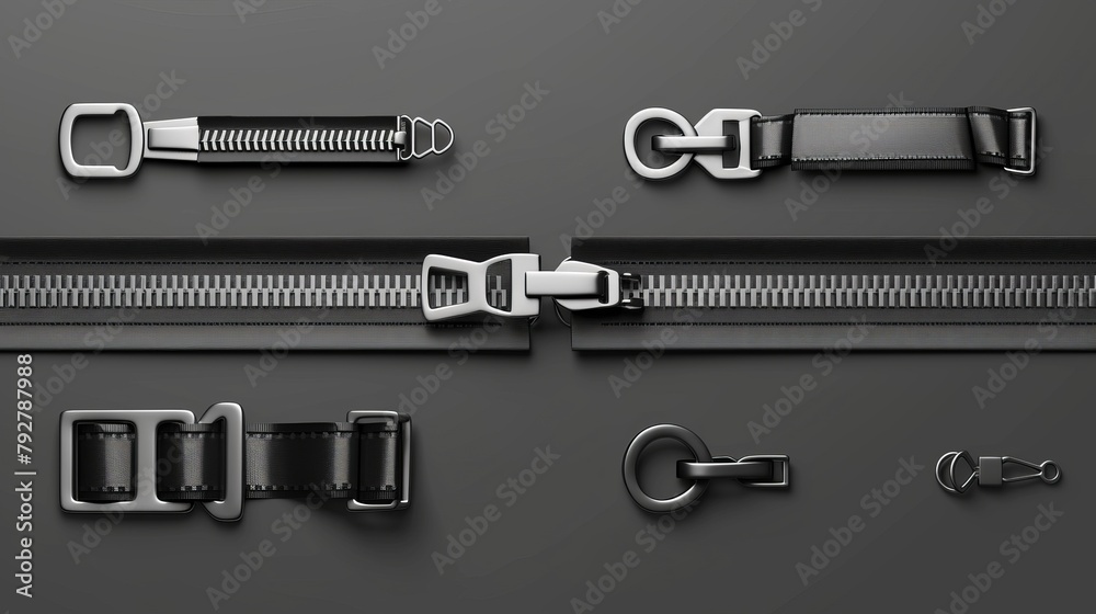 Set of metal zip fasteners with different shaped pullers, silver ...