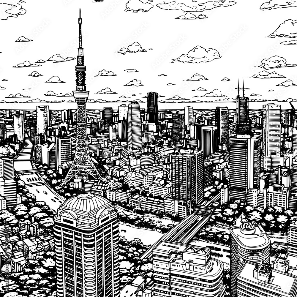 Vetor de Tokyo Monochrome Illustration, Black and White Line Drawing of ...