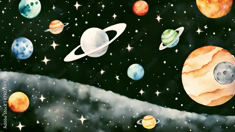 Kids drawing universe space rocket Stars and planets. pulsing in space ...