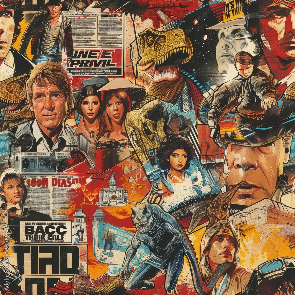 A photorealistic collage of iconic 80s and 90s movie posters, featuring ...